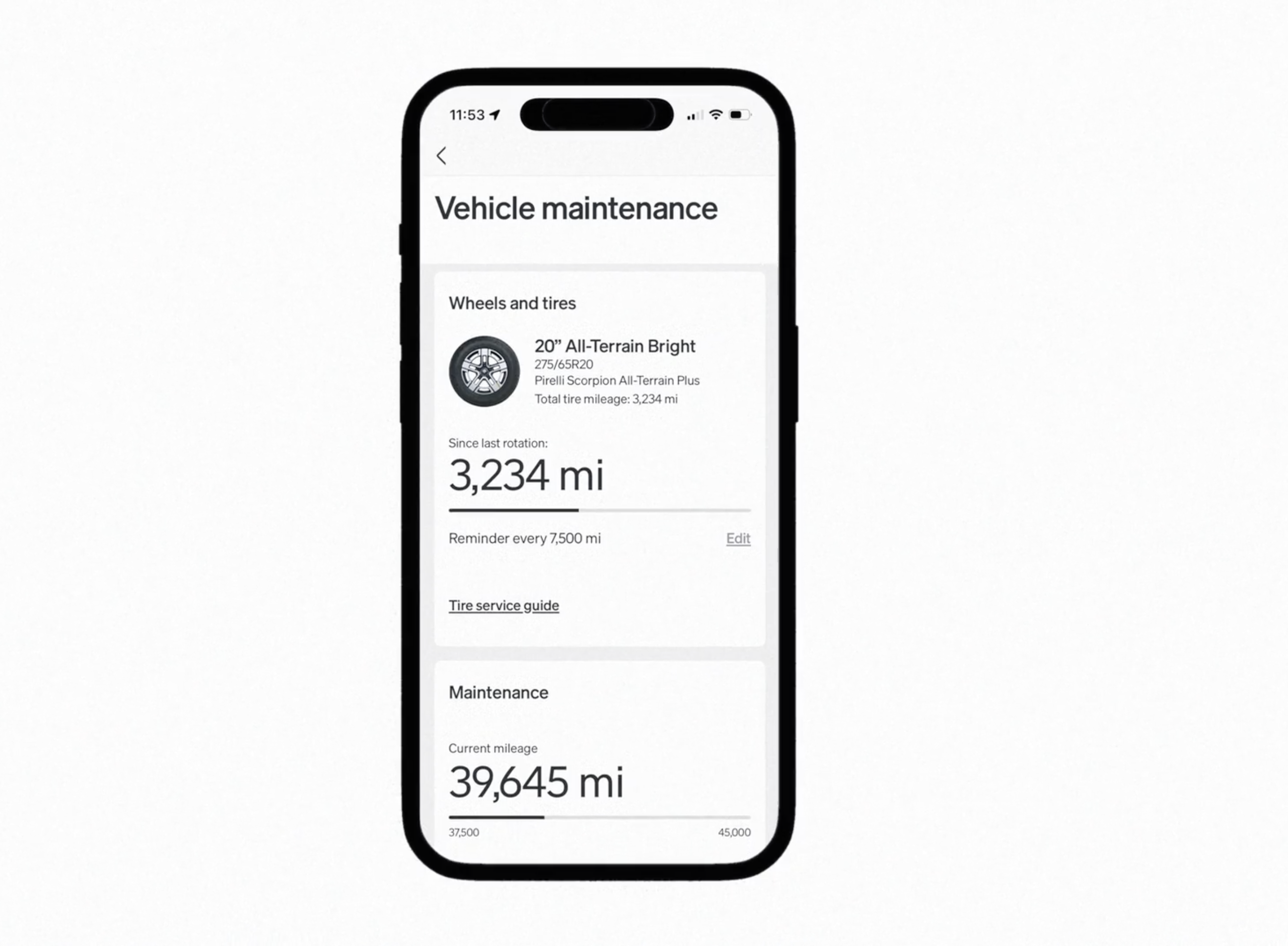 Smartphone displays the Rivian app's vehicle maintenance screen. It ...