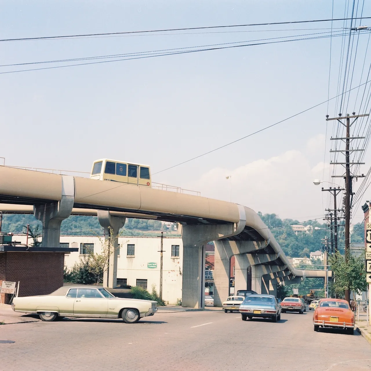 An archive photo of the PRT running from the Walnut Street Station.