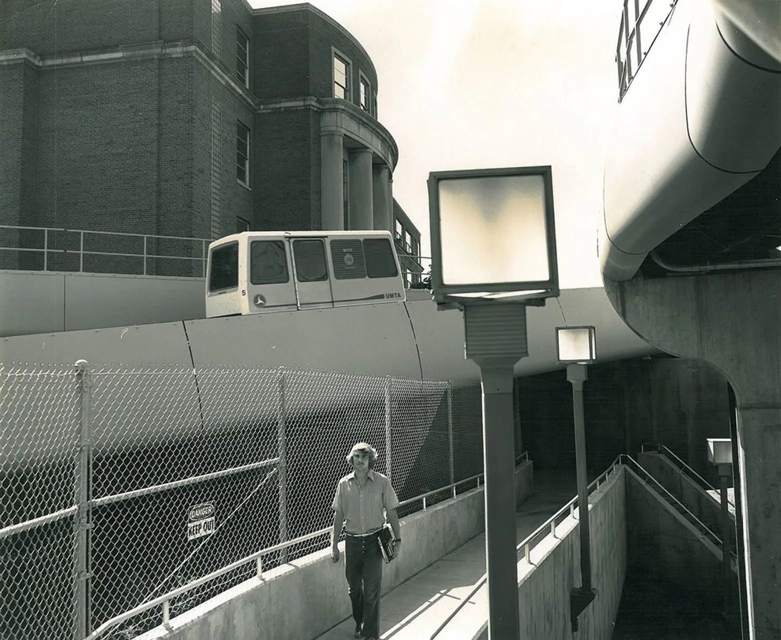 An archived photo of the entry ramp to the Downtown Campus with the PRT ...