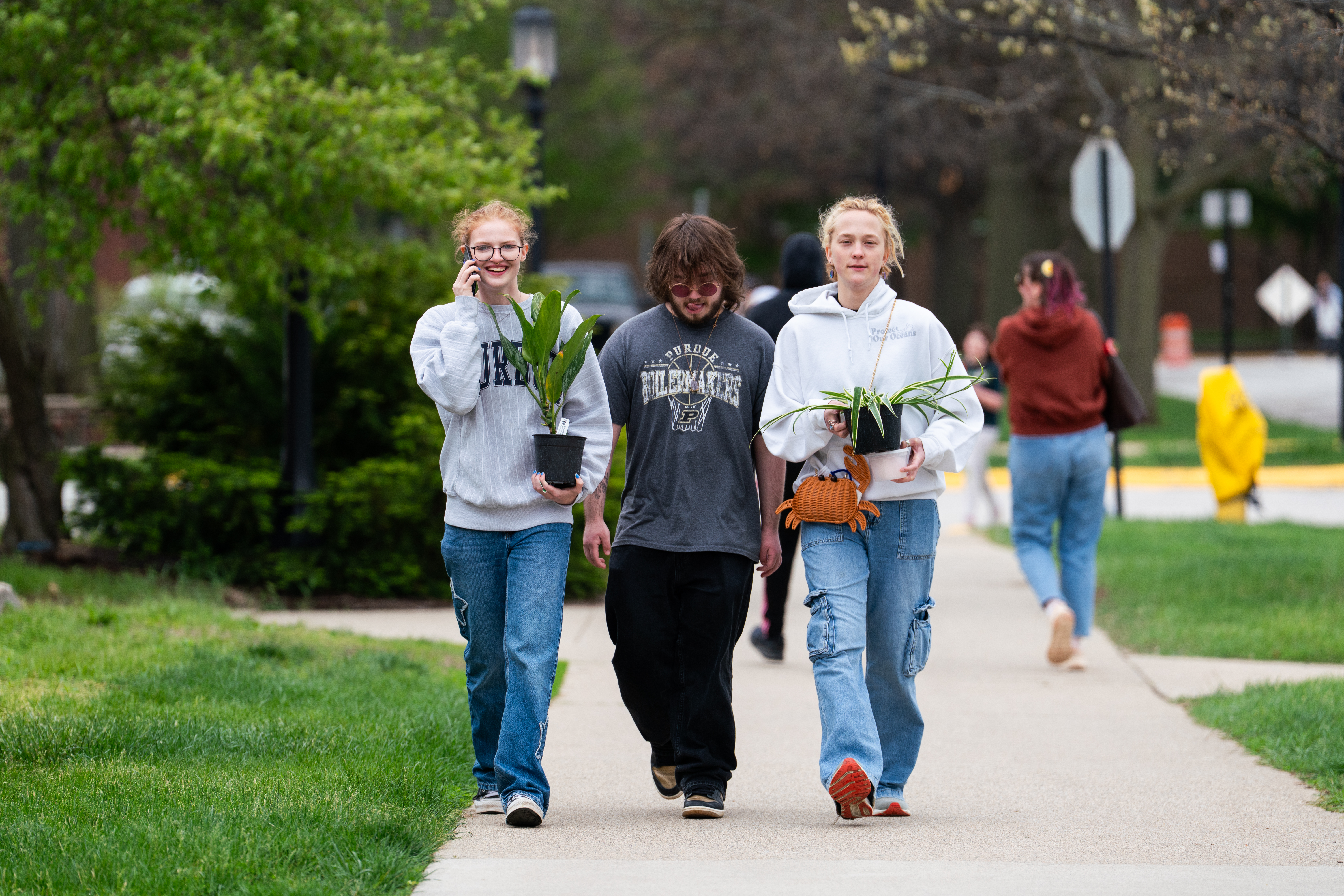 Three Purdue students walk on a sidewalk holding potted plants. The ...