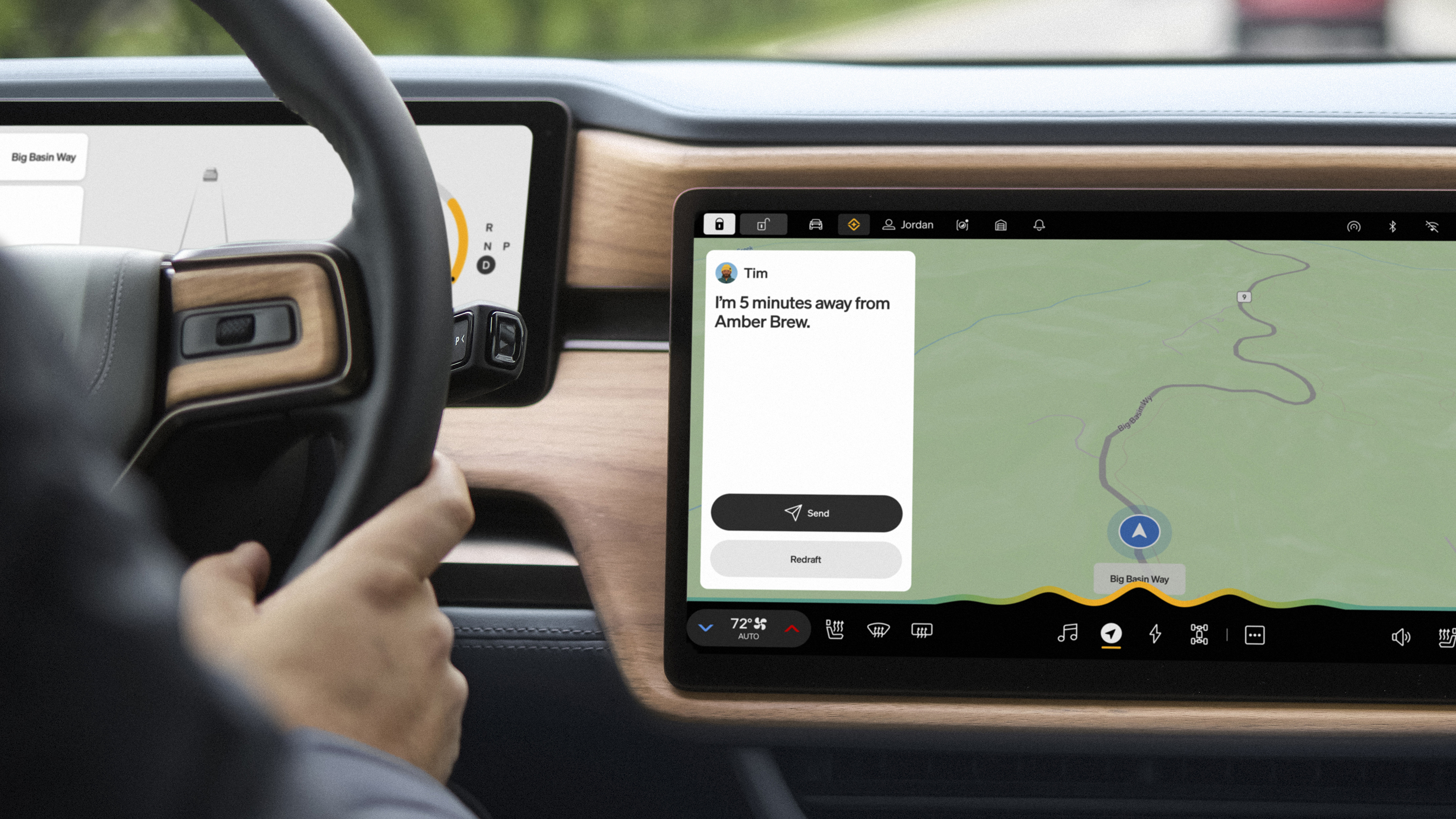 Interior view of Rivian dashboard showing navigation screen. A message ...