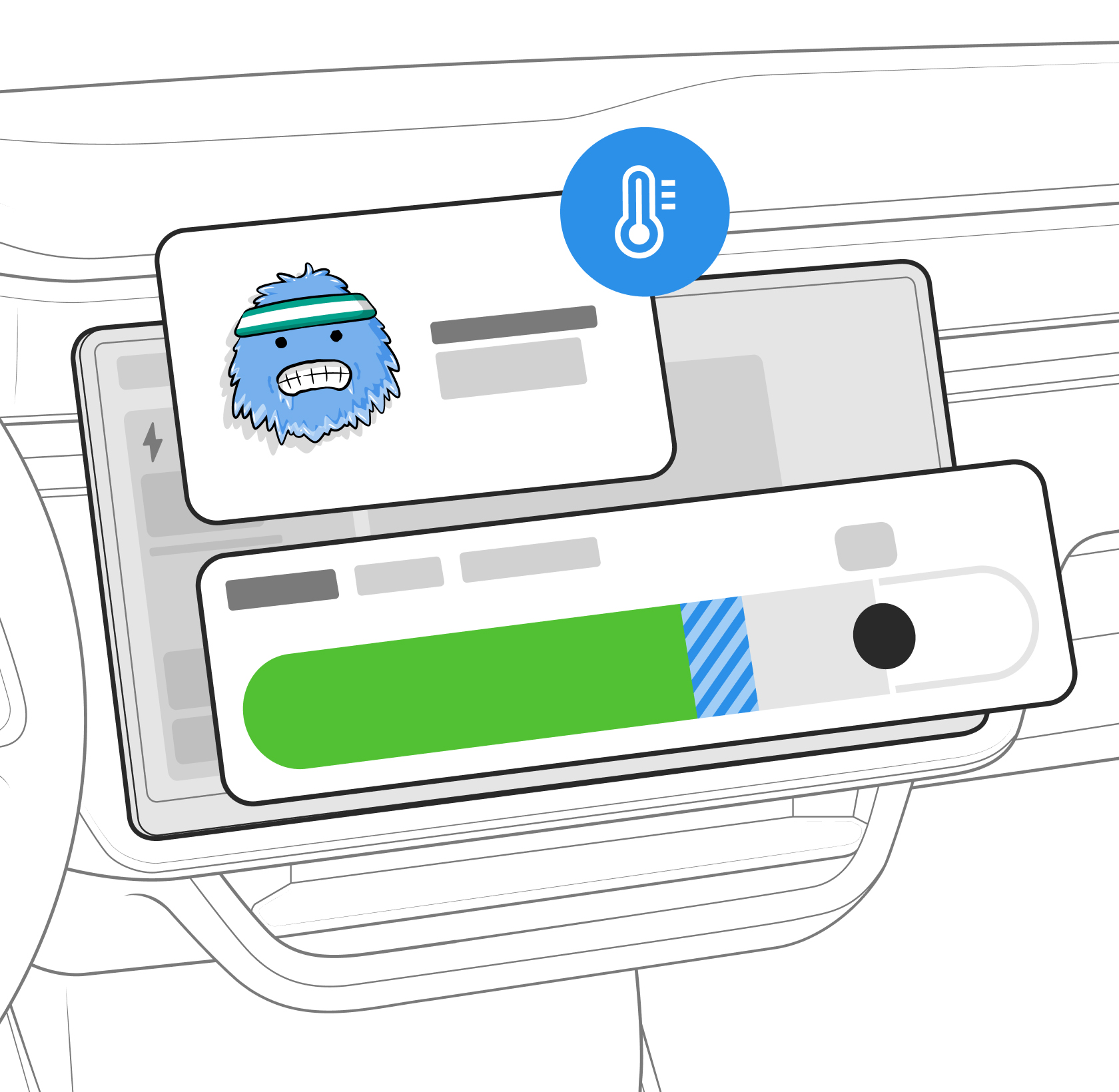 Car dashboard screen displays software with a blue monster avatar and a ...