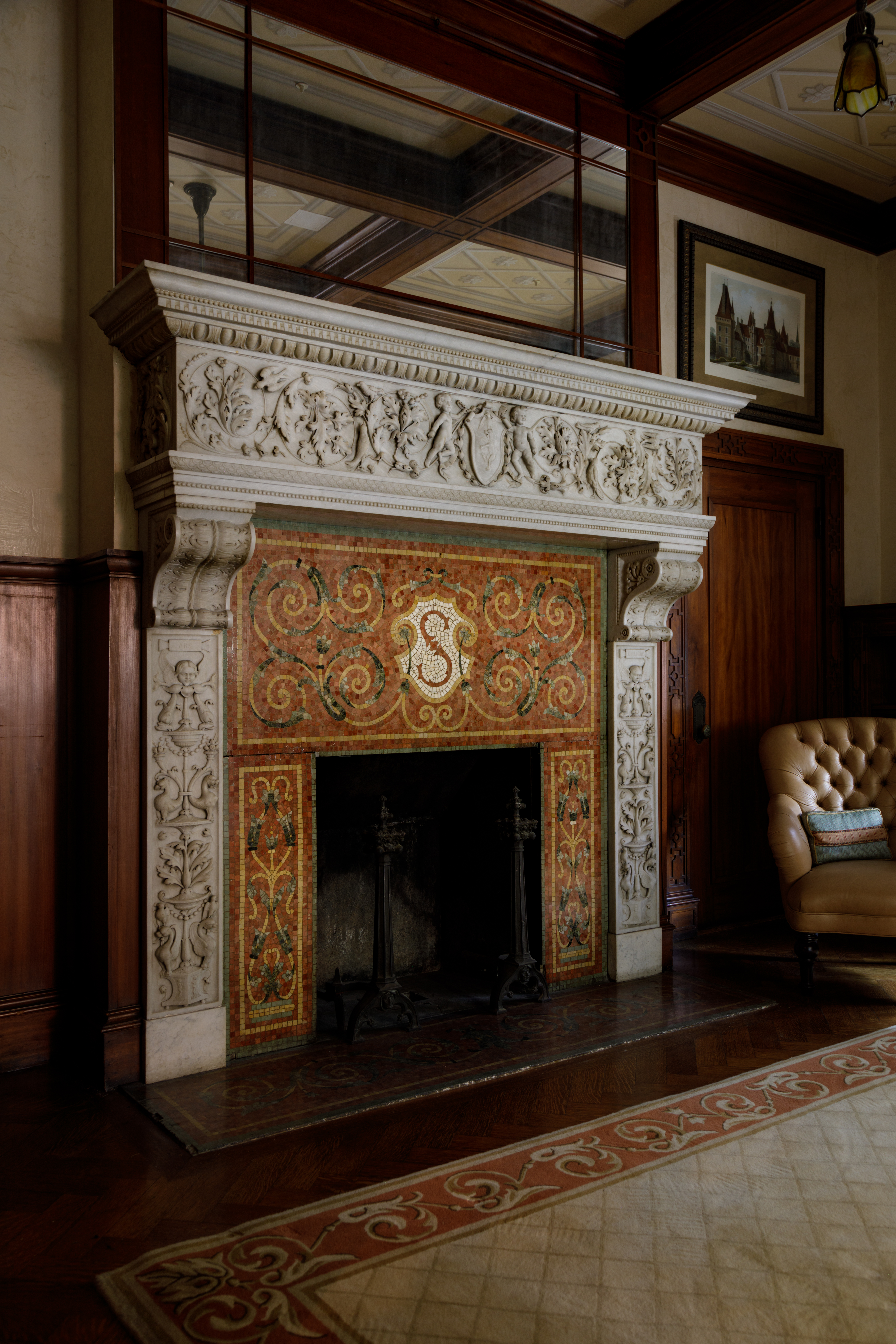 a fireplace inside the Scott House
