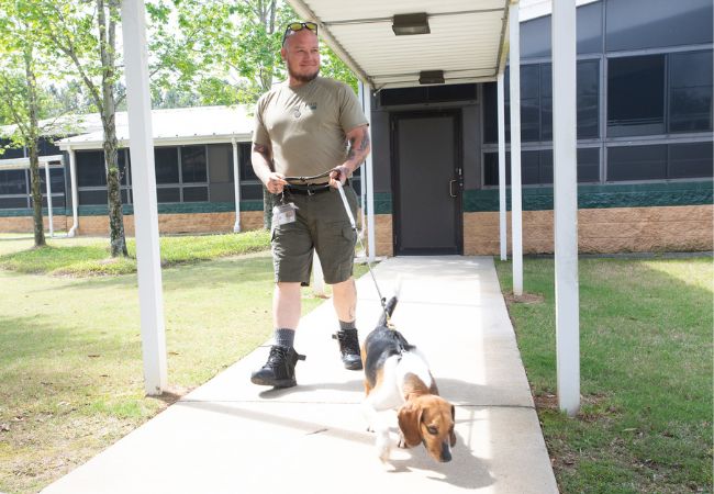 APHIS employee taking a K9 trainee out for a walk.