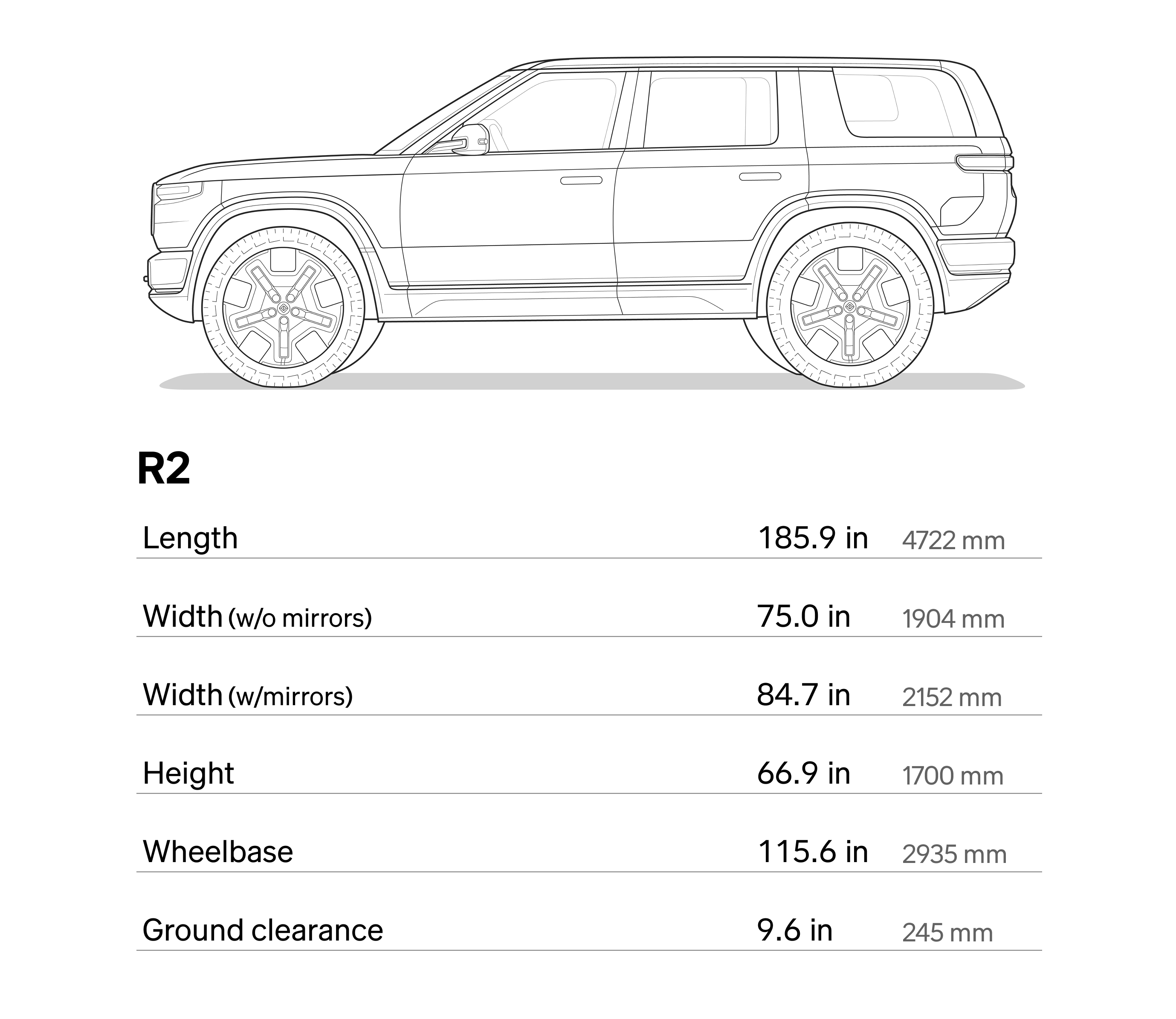 Rivian R2 side view line drawing with dimensions. Text lists length 185 ...