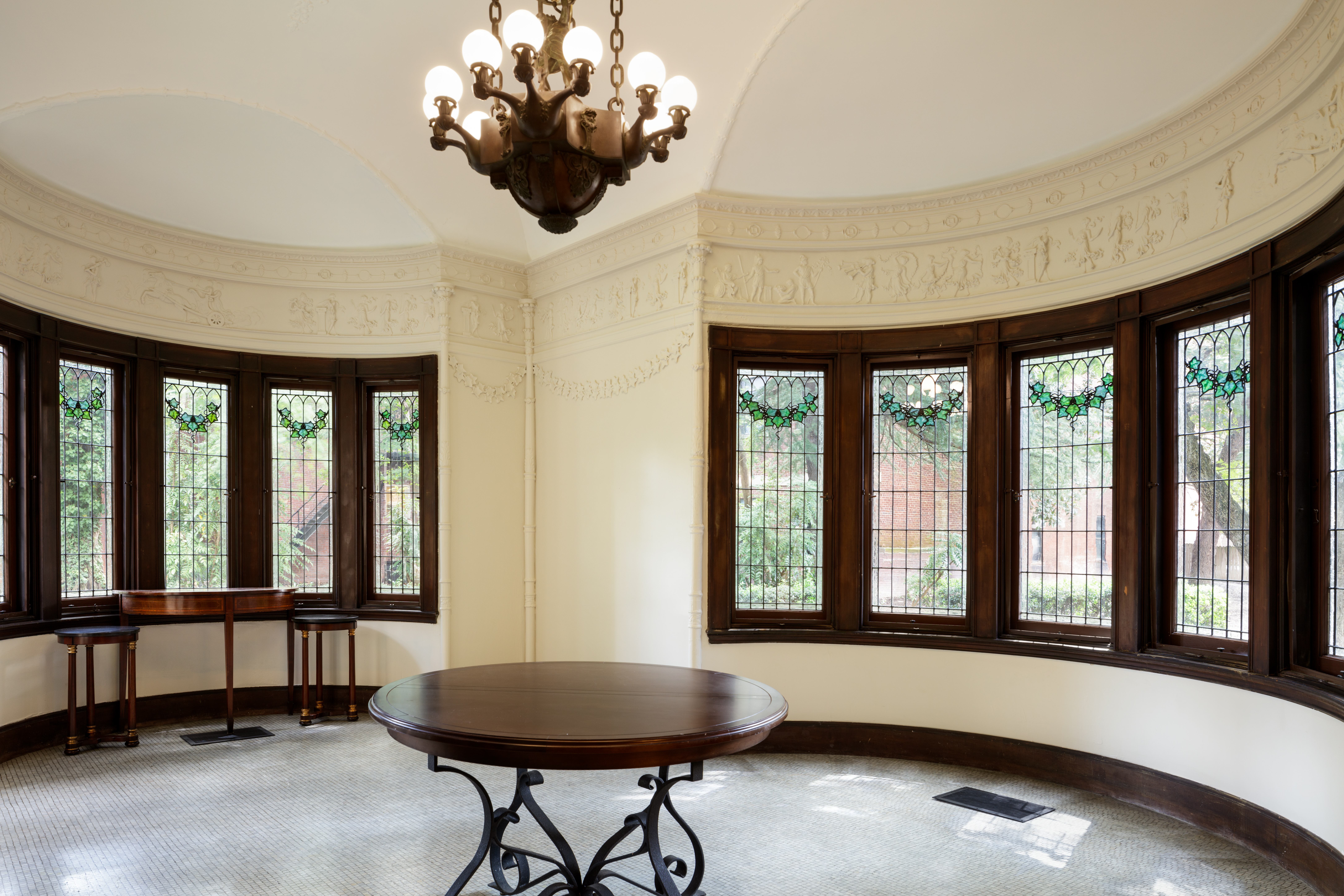 restored stained glass windows inside the Scott House