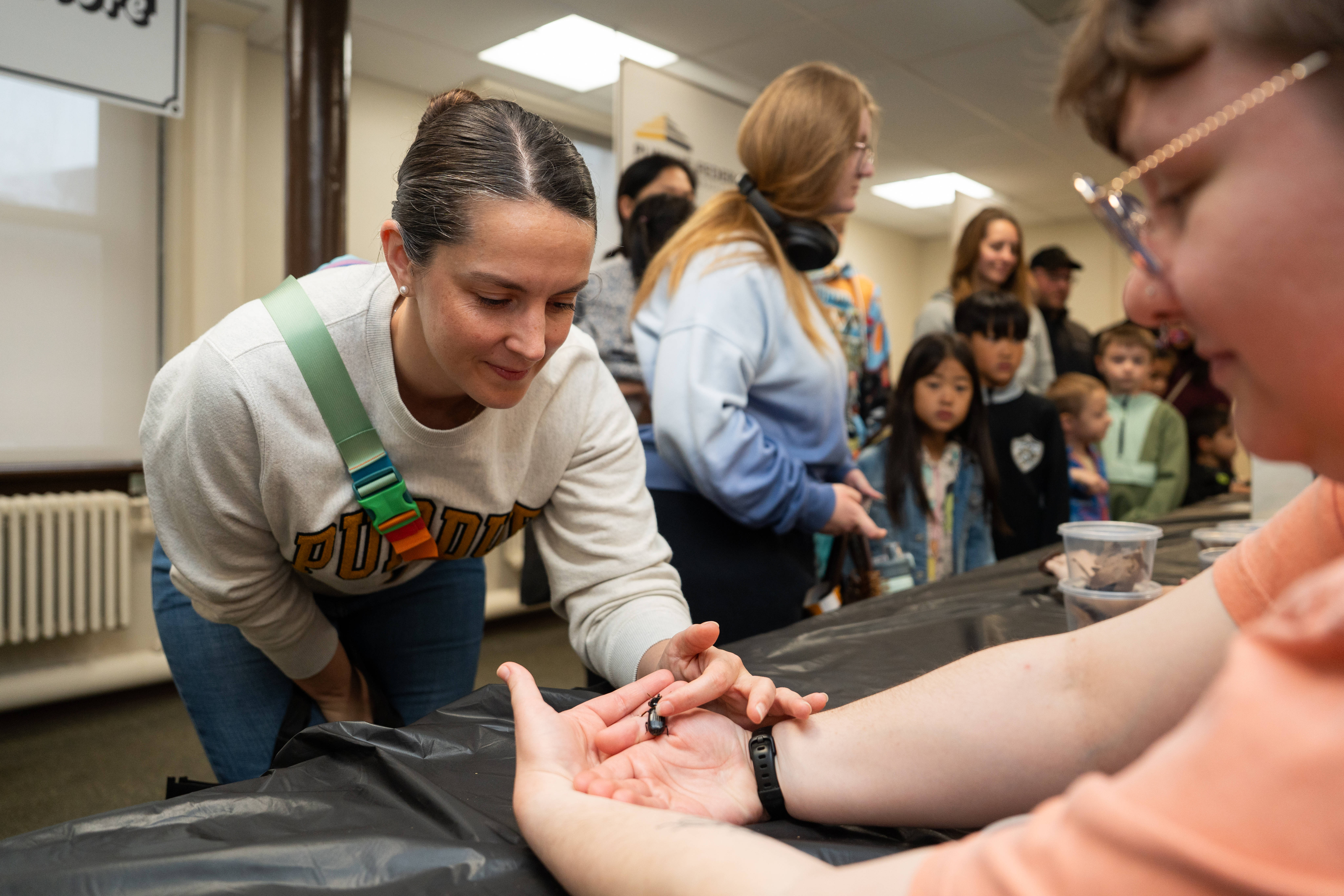 Bug Bowl visitor petting an bess beetle at the live insect petting zoo.