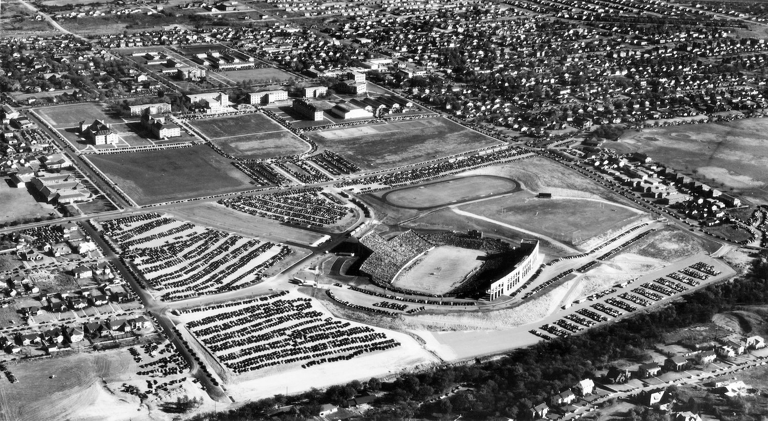 An aerial view of campus in the 1940s.