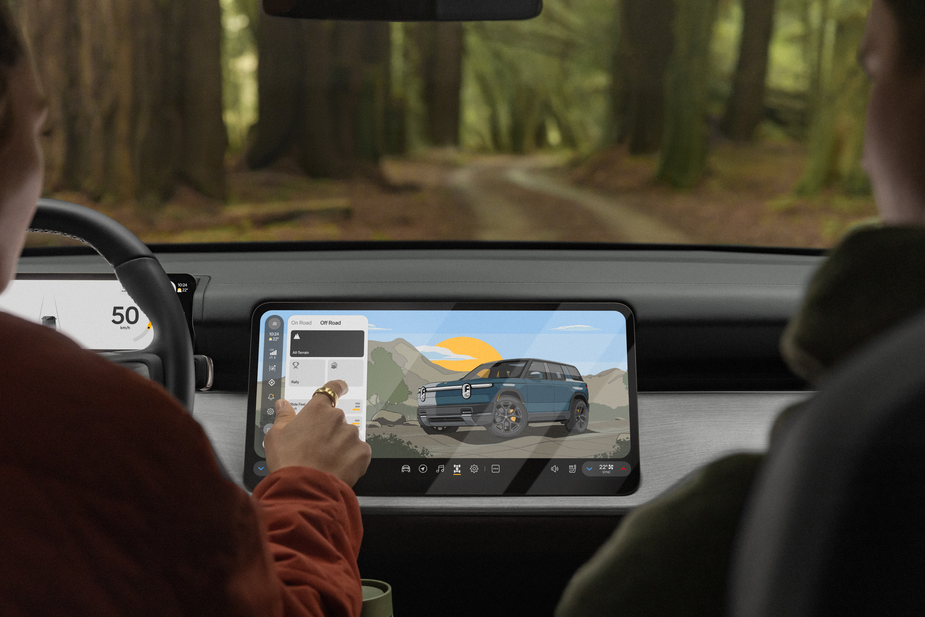 Interior view of a car showing a person using the large touchscreen ...