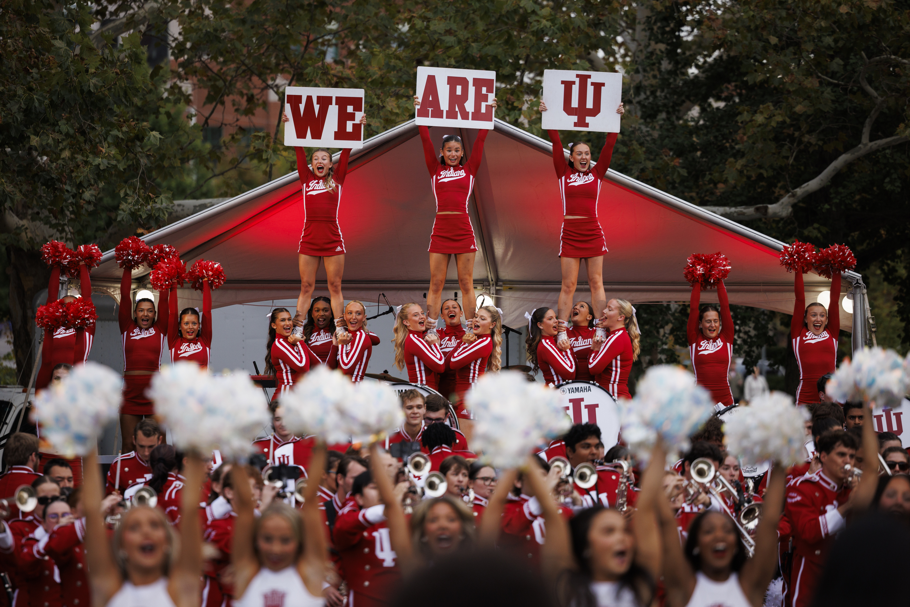 IU Cheerleaders pump up the crowd during a pep rally following the ...