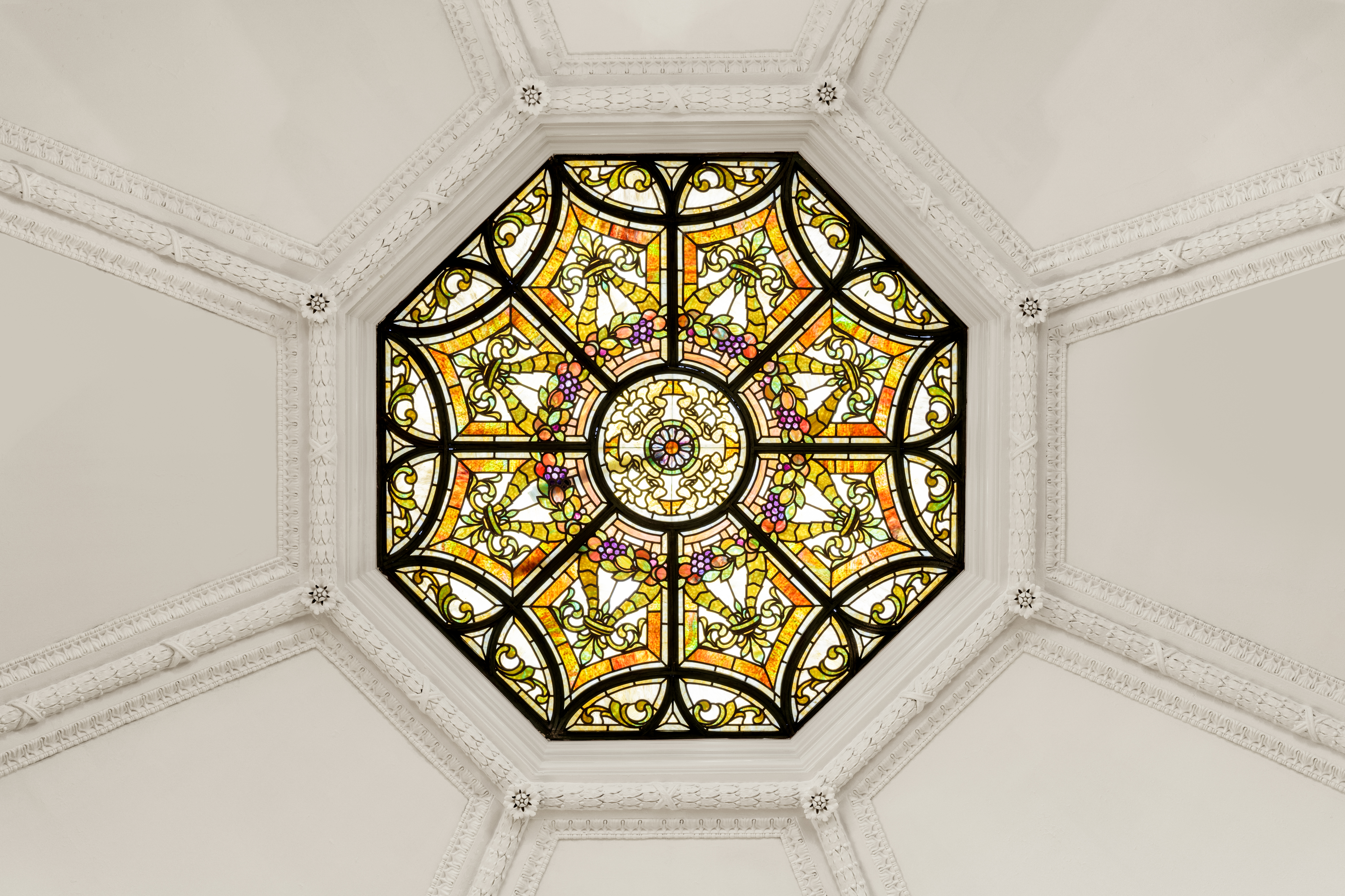 restored stained glass skylight inside the Scott House