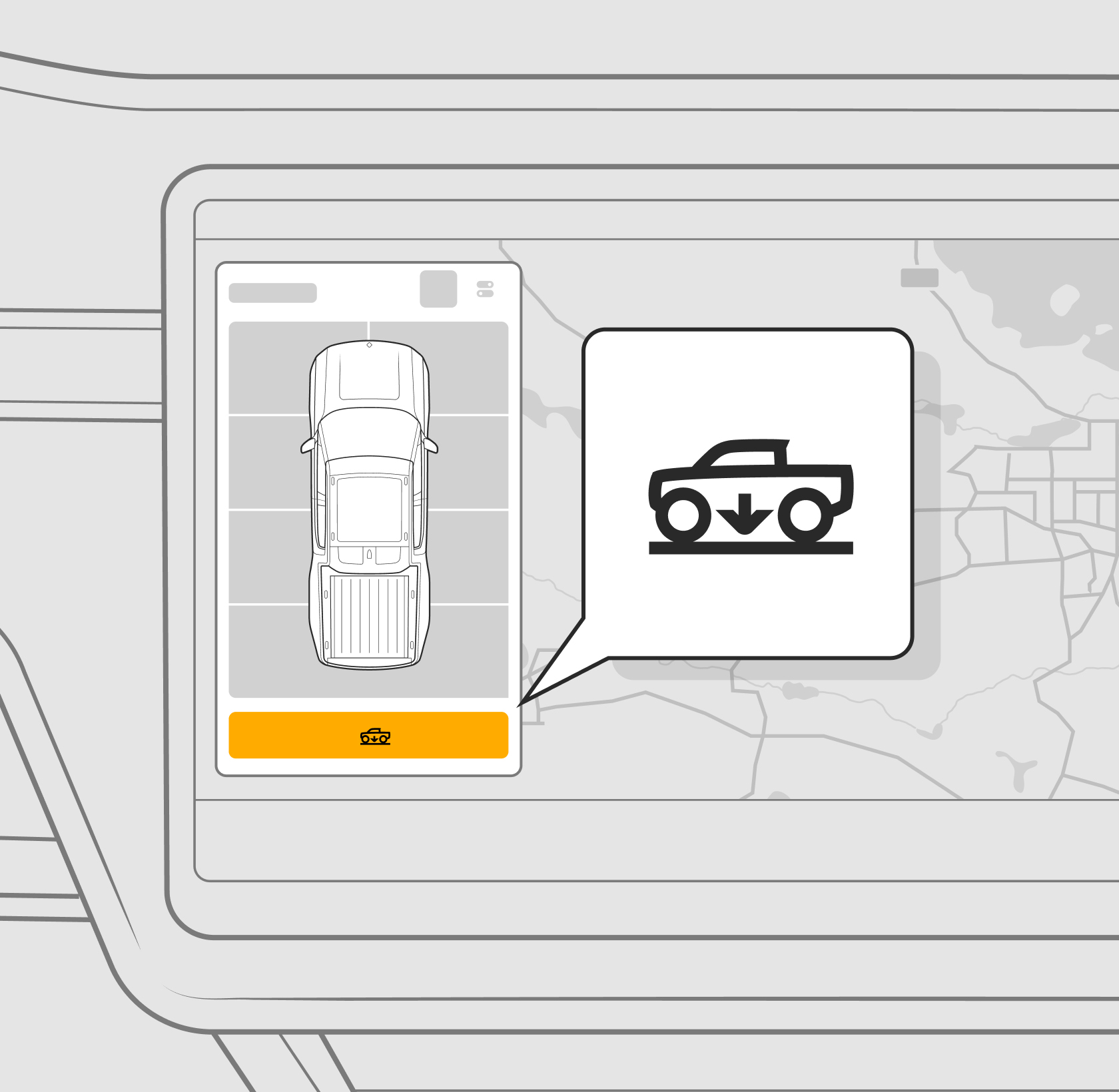 Car display shows vehicle height adjustment. The left screen shows a ...